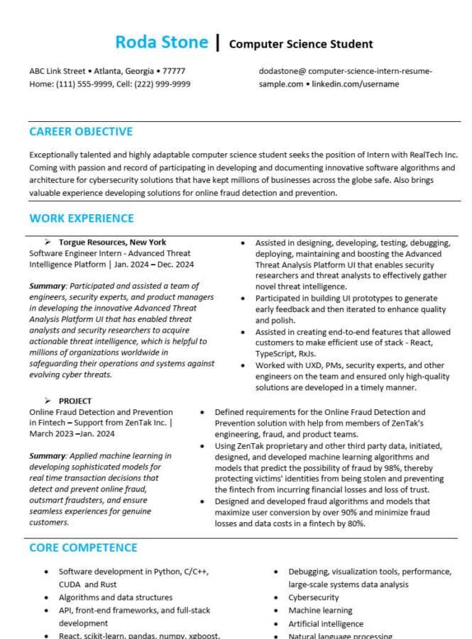 Computer Science Intern Resume Example, Template – Job Description And ...