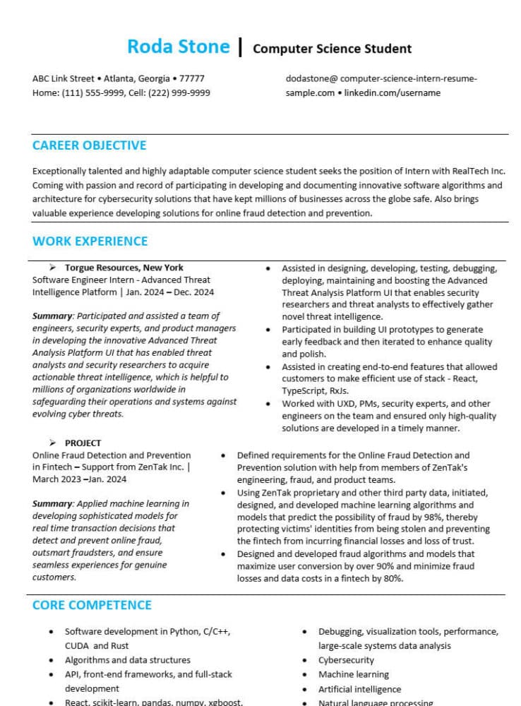 Computer Science Intern Resume Example, Template – Job Description And ...
